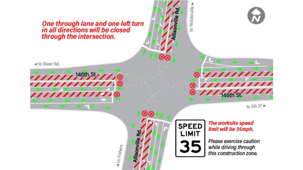 Lane restrictions at intersection of 146th Street & Allisonville Road