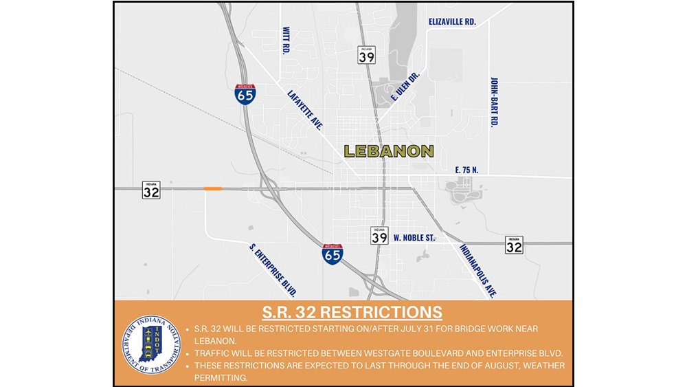 Lane restrictions coming to State Road 32 near Lebanon